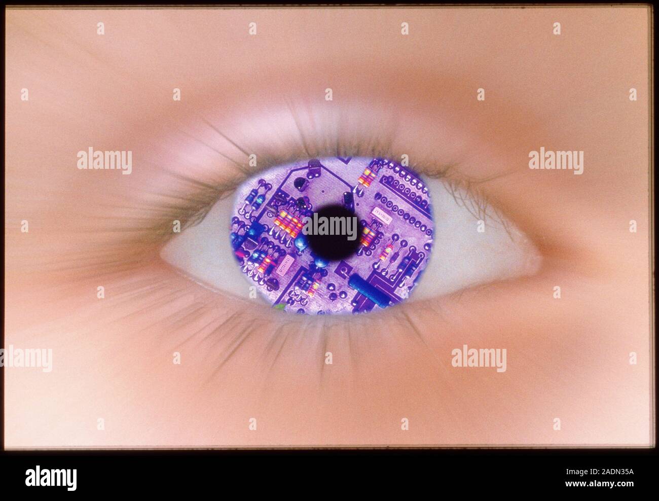 Machine vision. Zoom effect of human eye with circuit board in iris ...