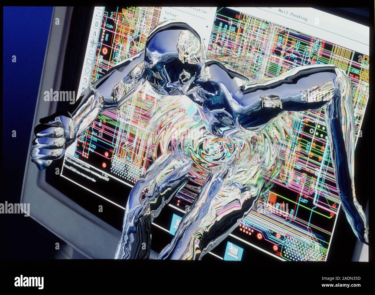 Artificial intelligence. Computer artwork of a metallic grey humanoid ...