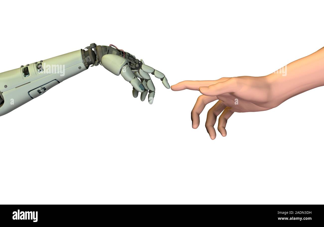 Artificial intelligence, conceptual computer artwork. Human hand (right ...