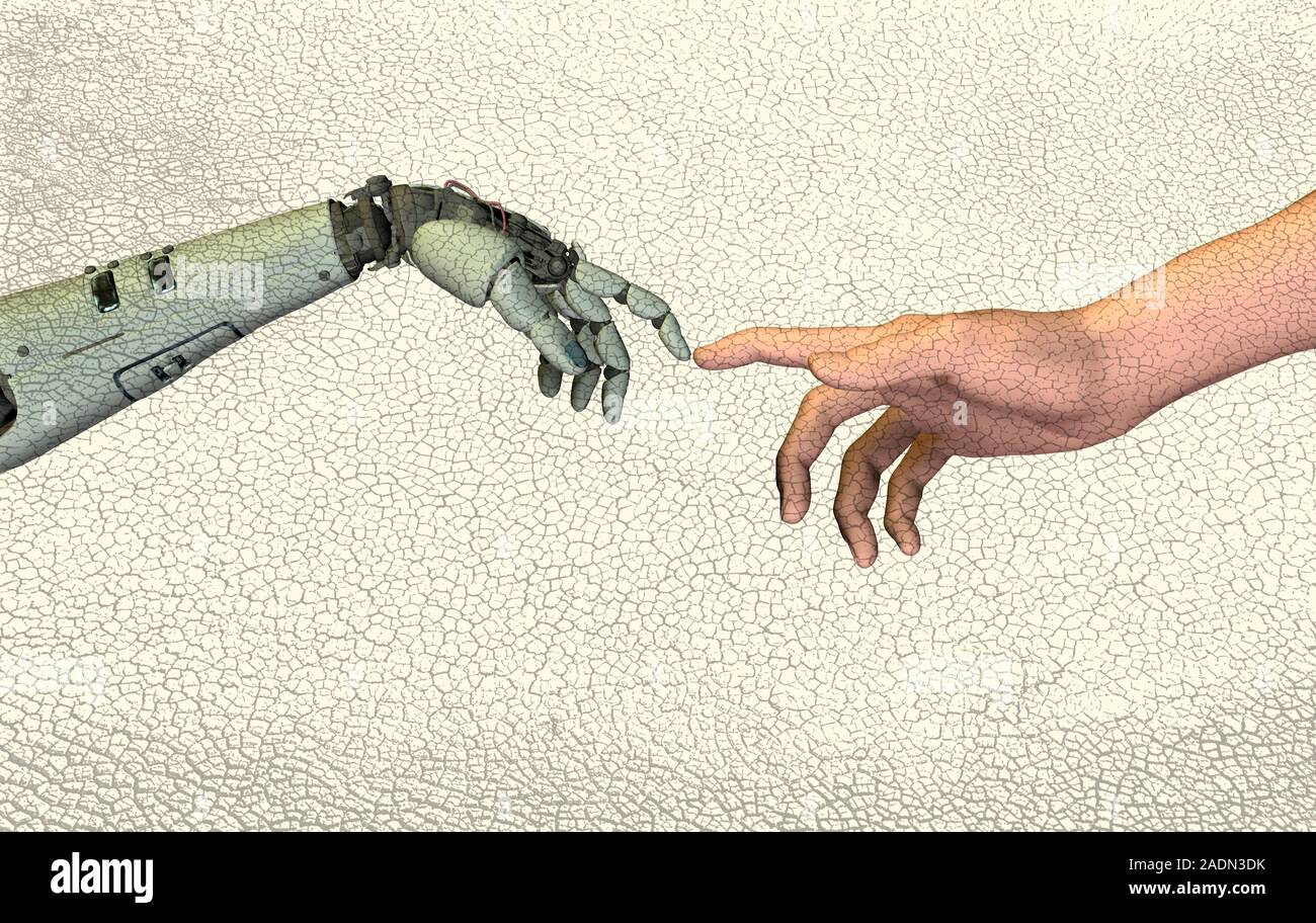 Artificial intelligence, conceptual computer artwork. Human hand (right ...
