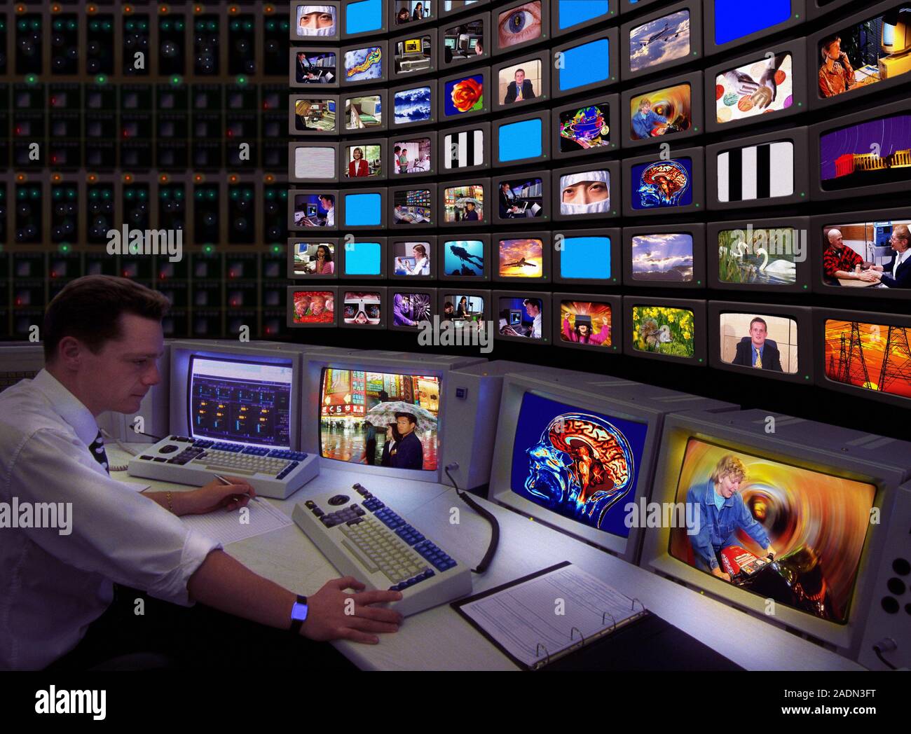 MODEL RELEASED. Television control room. Conceptual composite image of ...