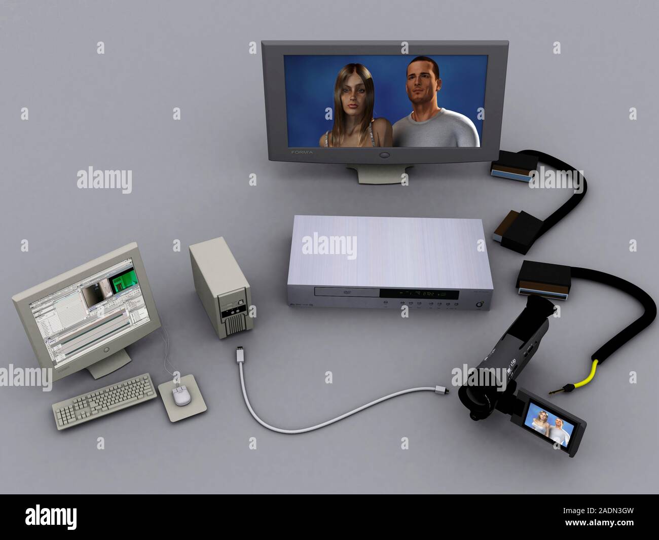 Home video editing. Computer artwork showing the equipment required to ...