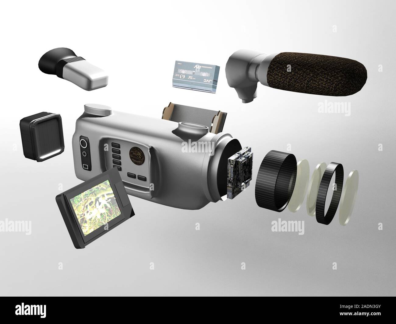 Video camera. Computer artwork showing an exploded view of a digital ...