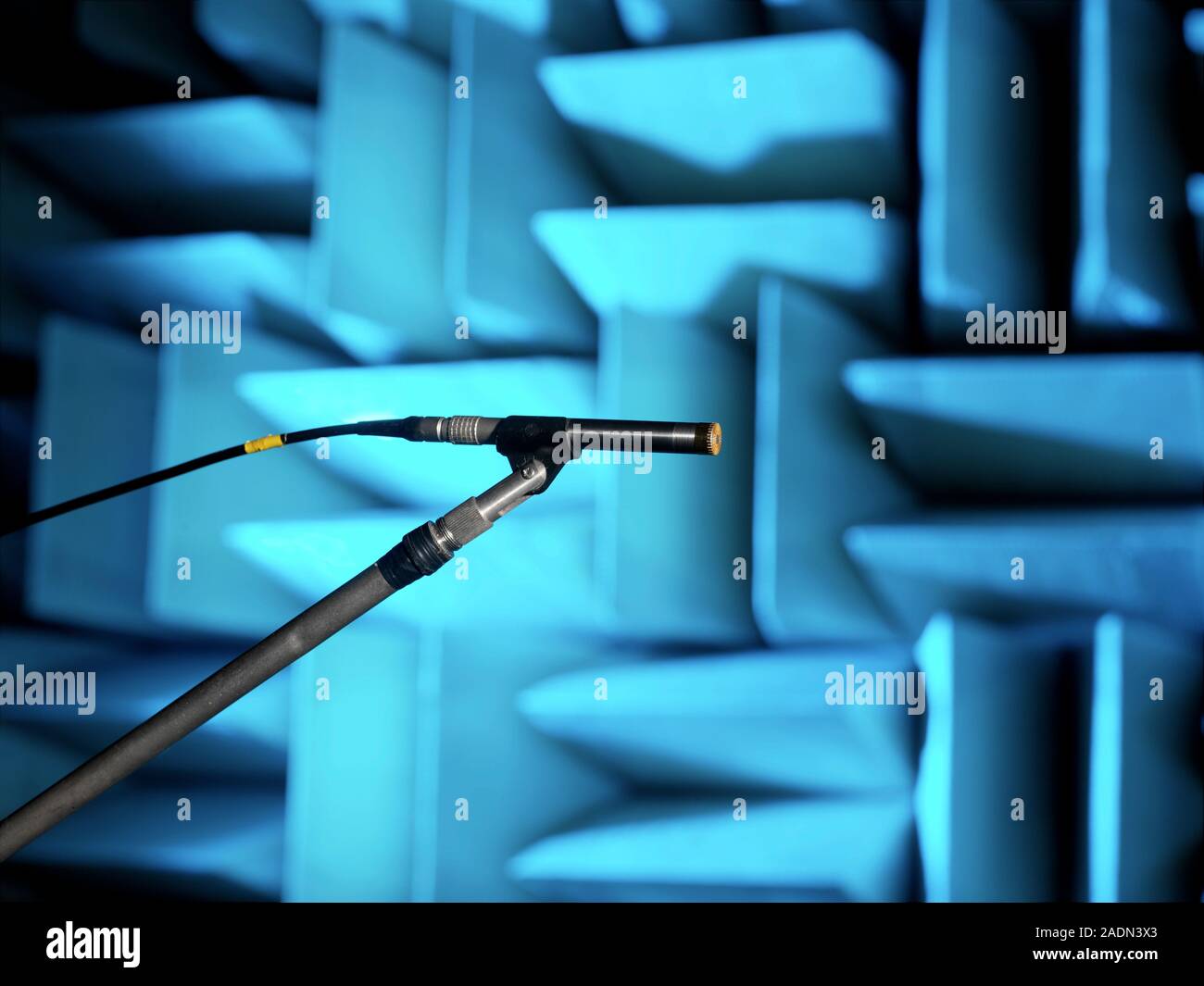 Acoustic testing chamber. Microphone inside an anechoic chamber, a room ...