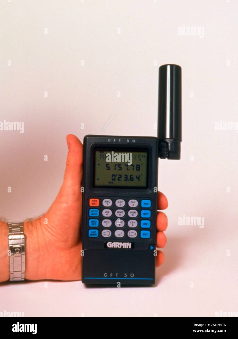 Hand-held satellite navigation receiver. It uses signals sent by the ...