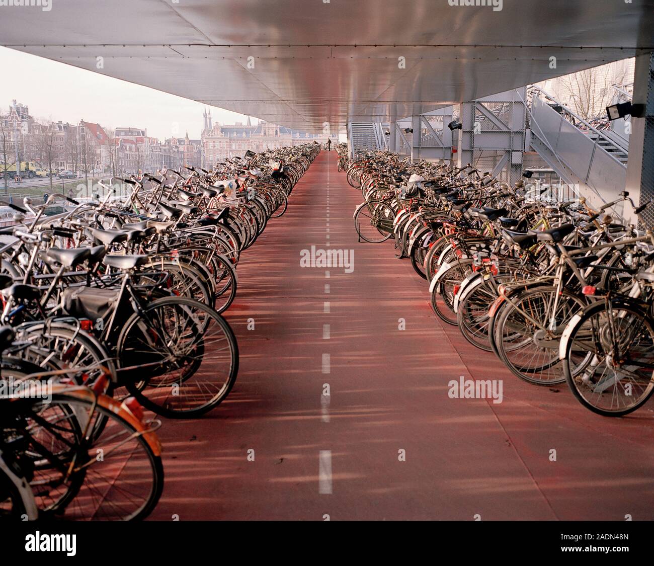 Bicycle park. Covered storage area for bicycles in a city centre ...