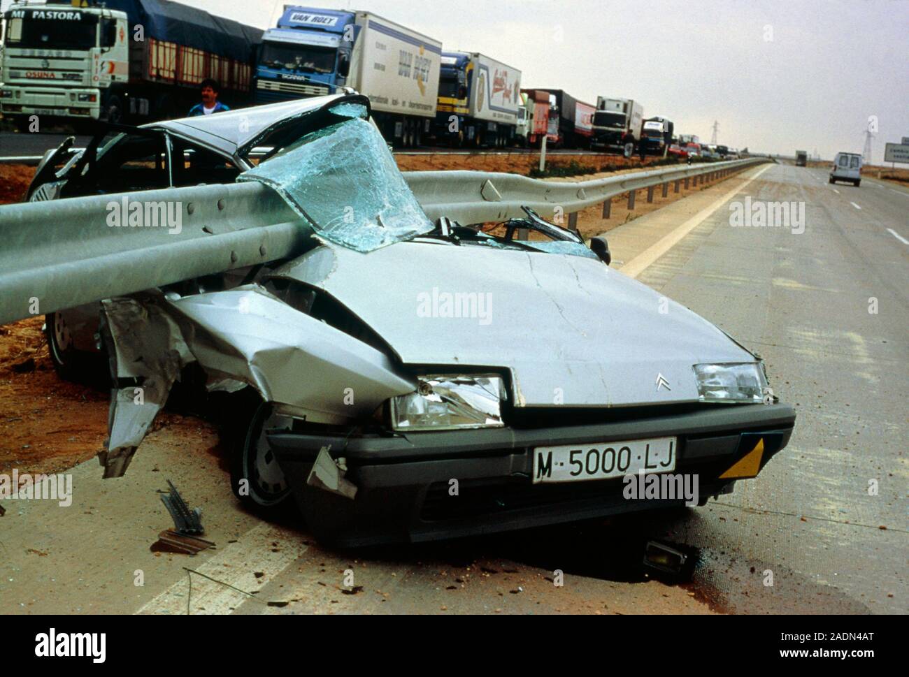 The wreck of a Citroen BX car, the result of an accident on a motorway ...