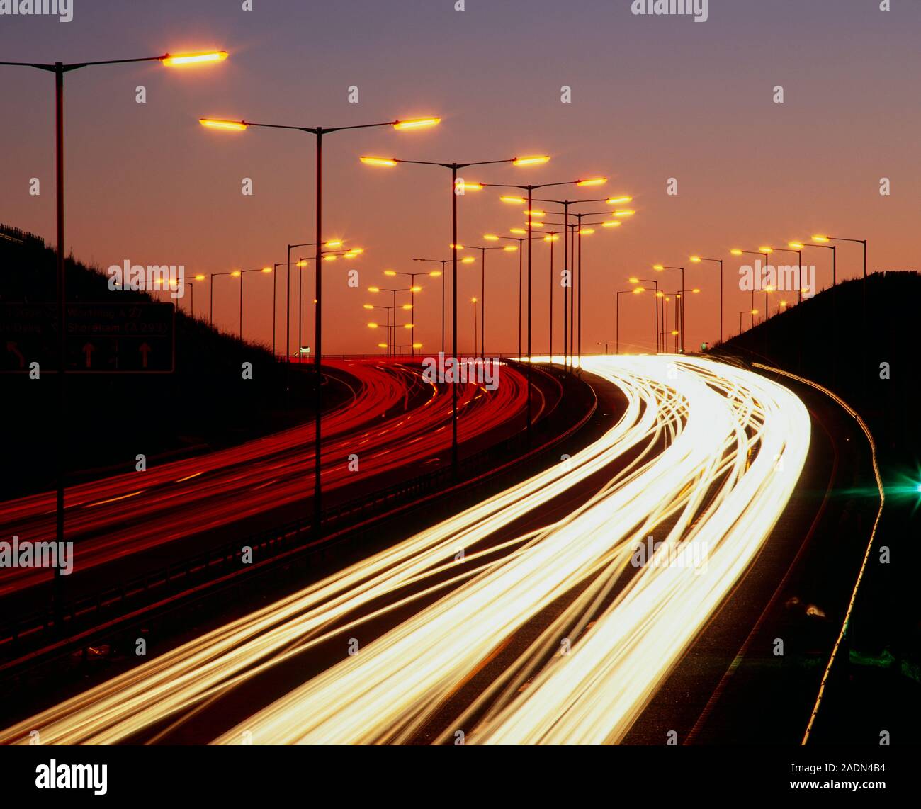 Motorway at night. Time exposure photograph of car lights on the ...