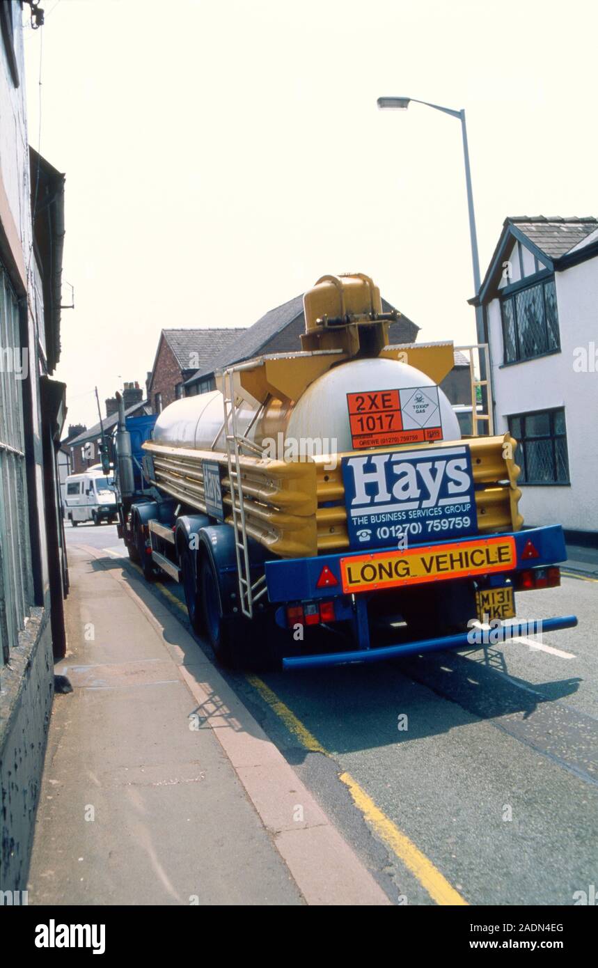 Toxic gas (liquid chlorine) being carried by a lorry. Photographed in ...