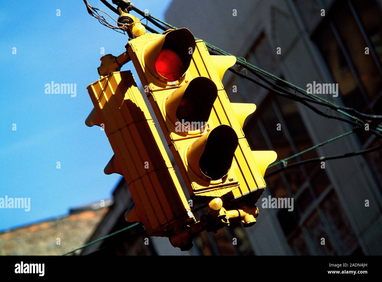 Traffic light displaying a red stop signal. Photographed in the USA ...