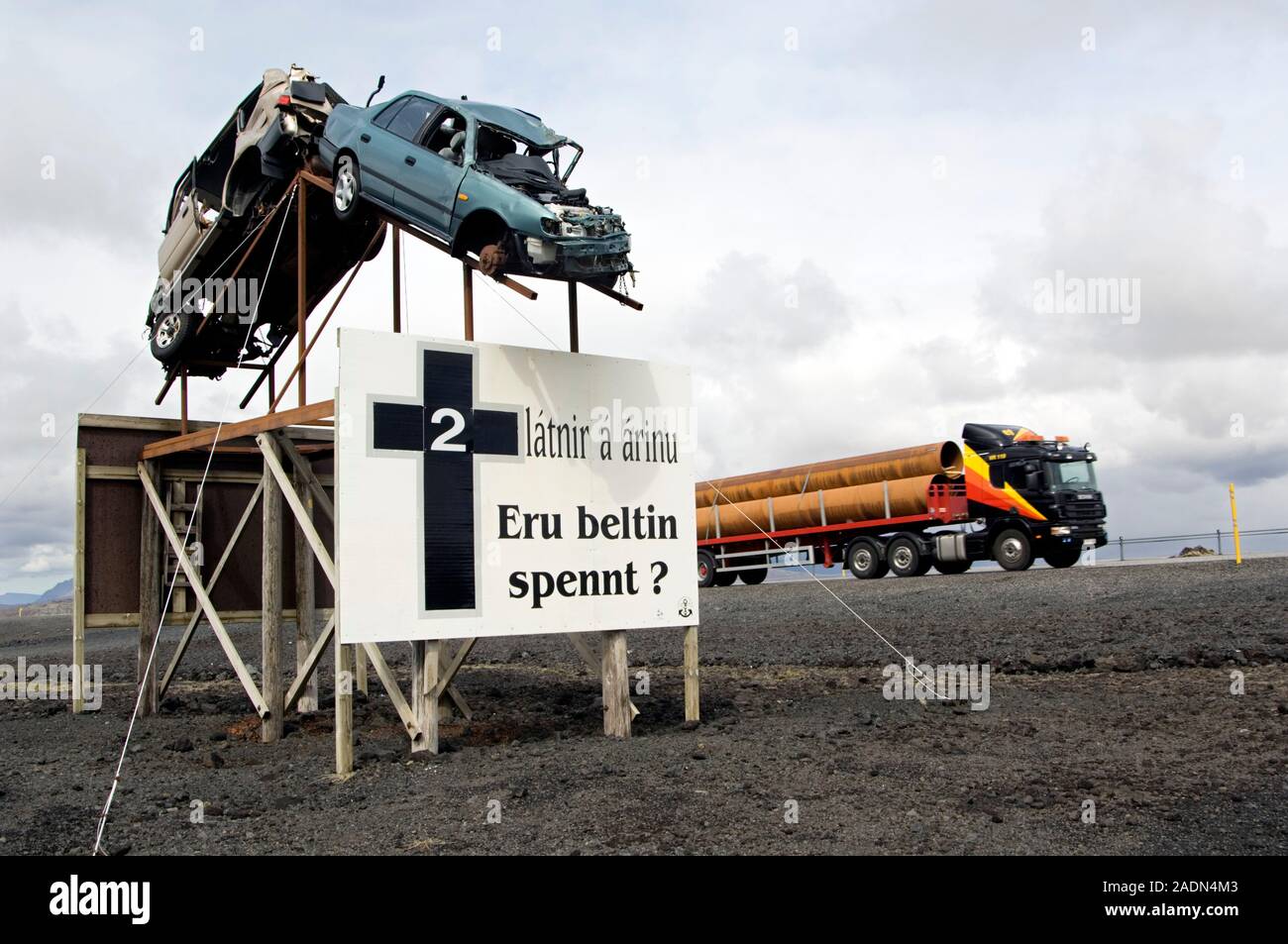 Anti-speeding sculpture, Iceland. The sculpture consists of two wrecked ...