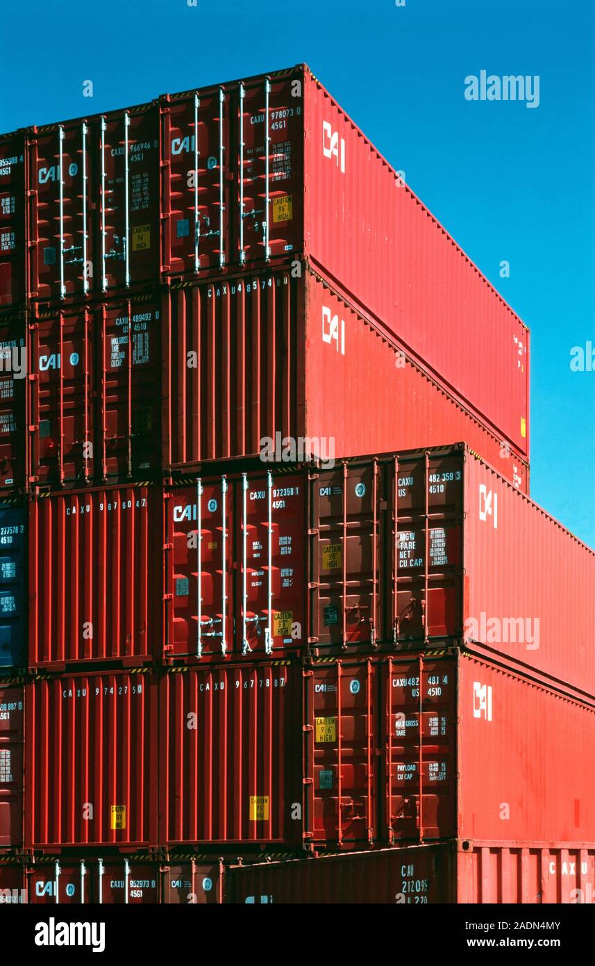 Freight containers stacked in a pile. These large containers are a ...