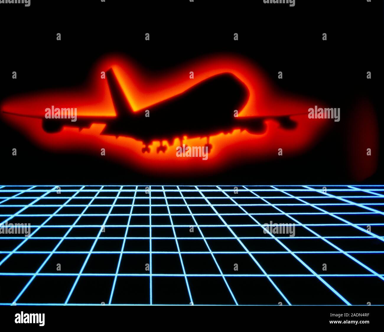 Artwork featuring the silhouette of an aircraft in flight over a blue ...