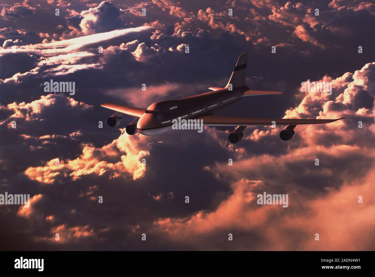 Boeing 747 in flight at sunset, composite computer artwork Stock Photo ...