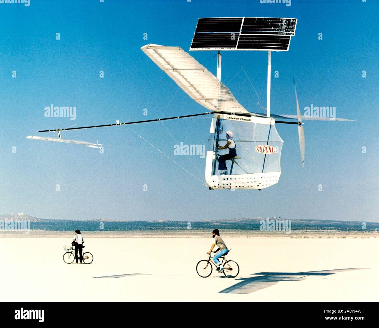 Gossamer Penguin solar powered plane in flight. This flight took place ...