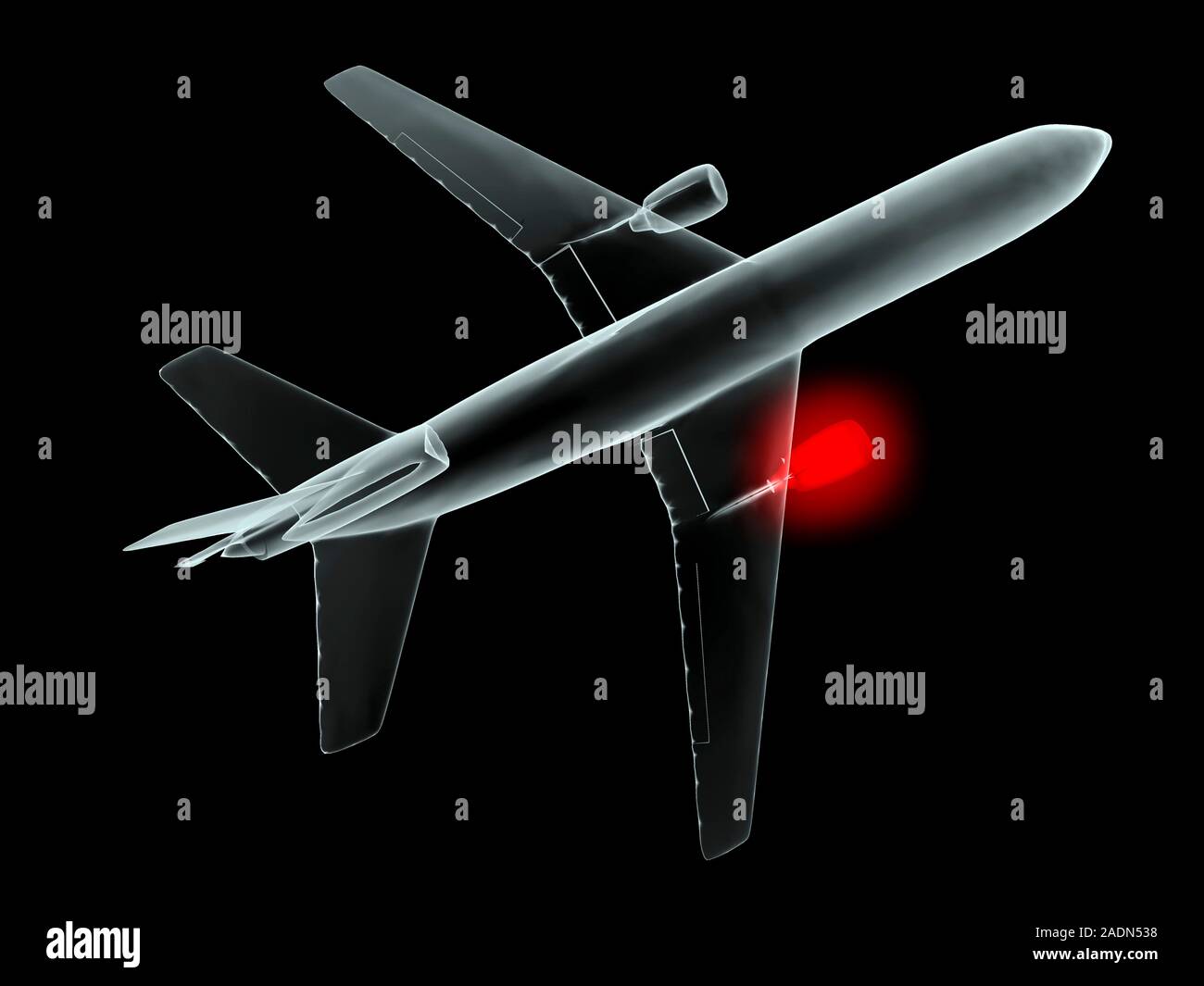 Aeroplane. Simulated X-ray artwork of a passenger plane. One of the jet ...