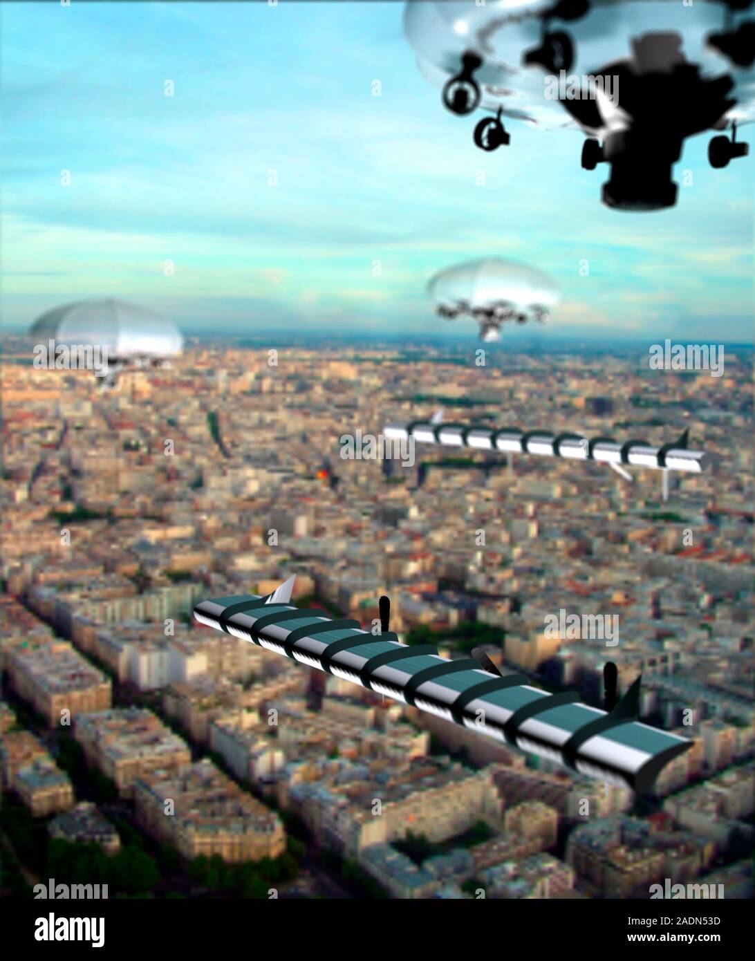 Unmanned aircraft. Computer artwork of low altitude airships (top right ...