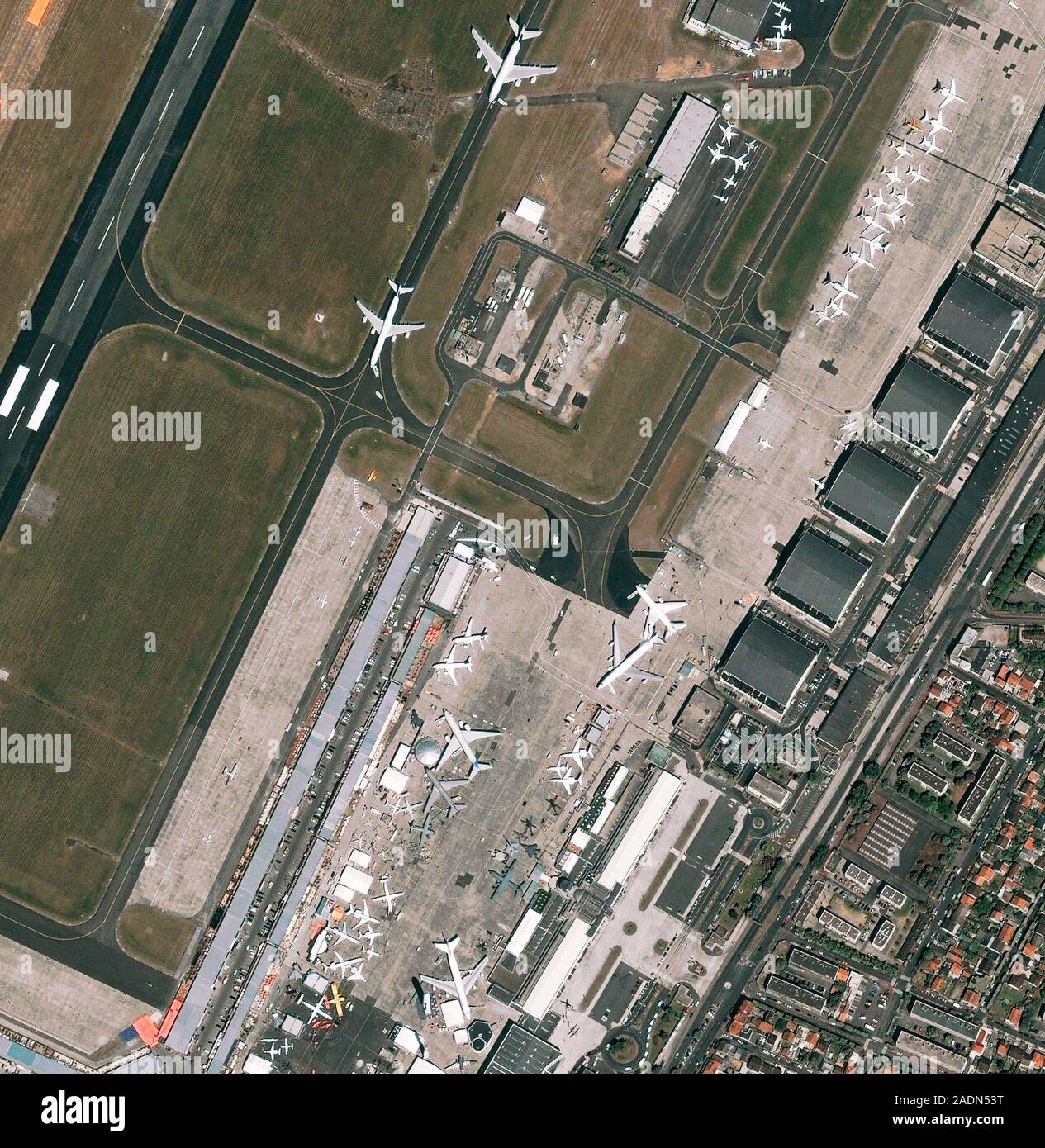 Paris Air Show 2005 preparations. Quickbird satellite image of Le Bourget Airport, Paris, France ...