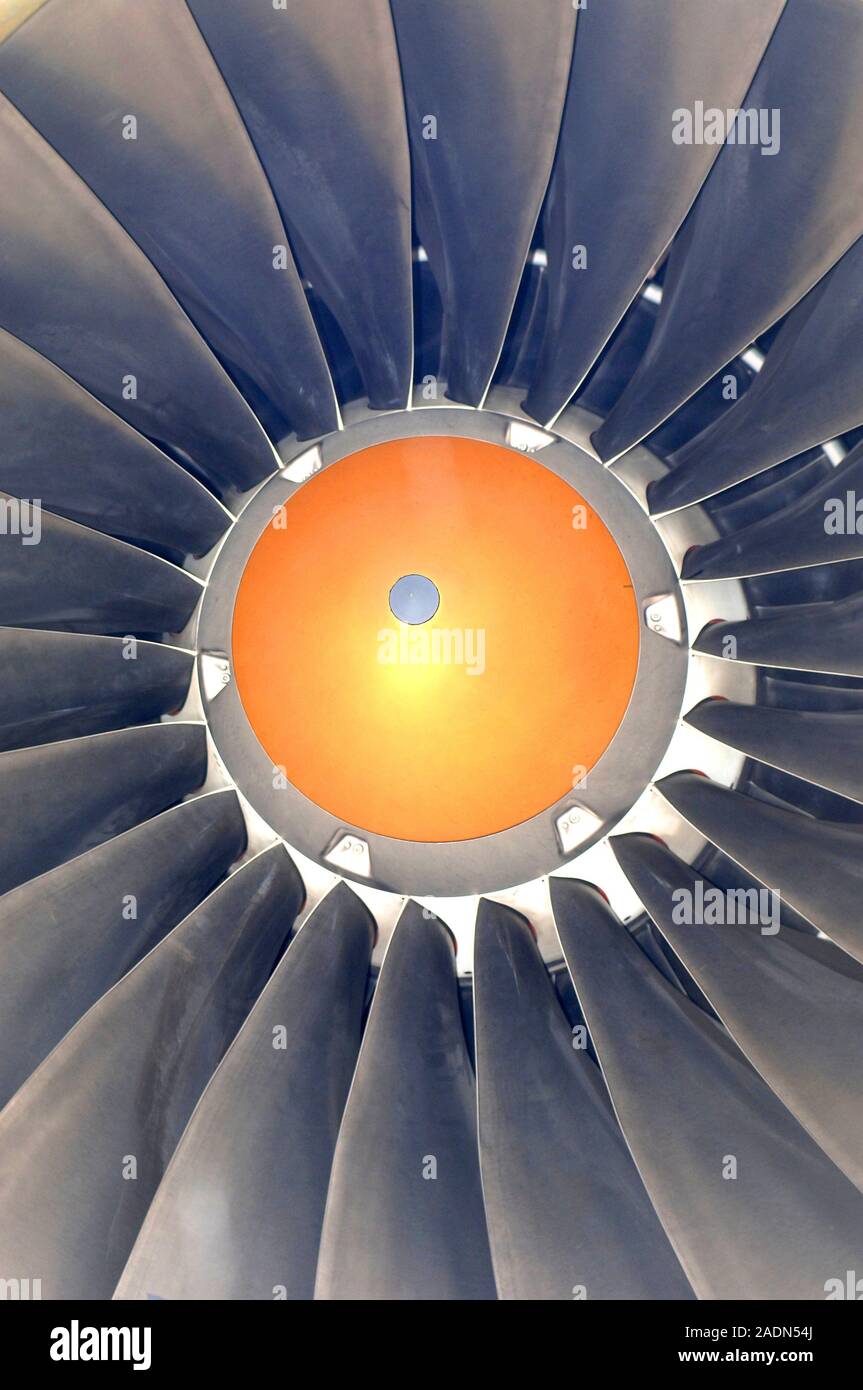 Aeroplane engine. Close-up of engine blades on a Boeing 747 airliner ...