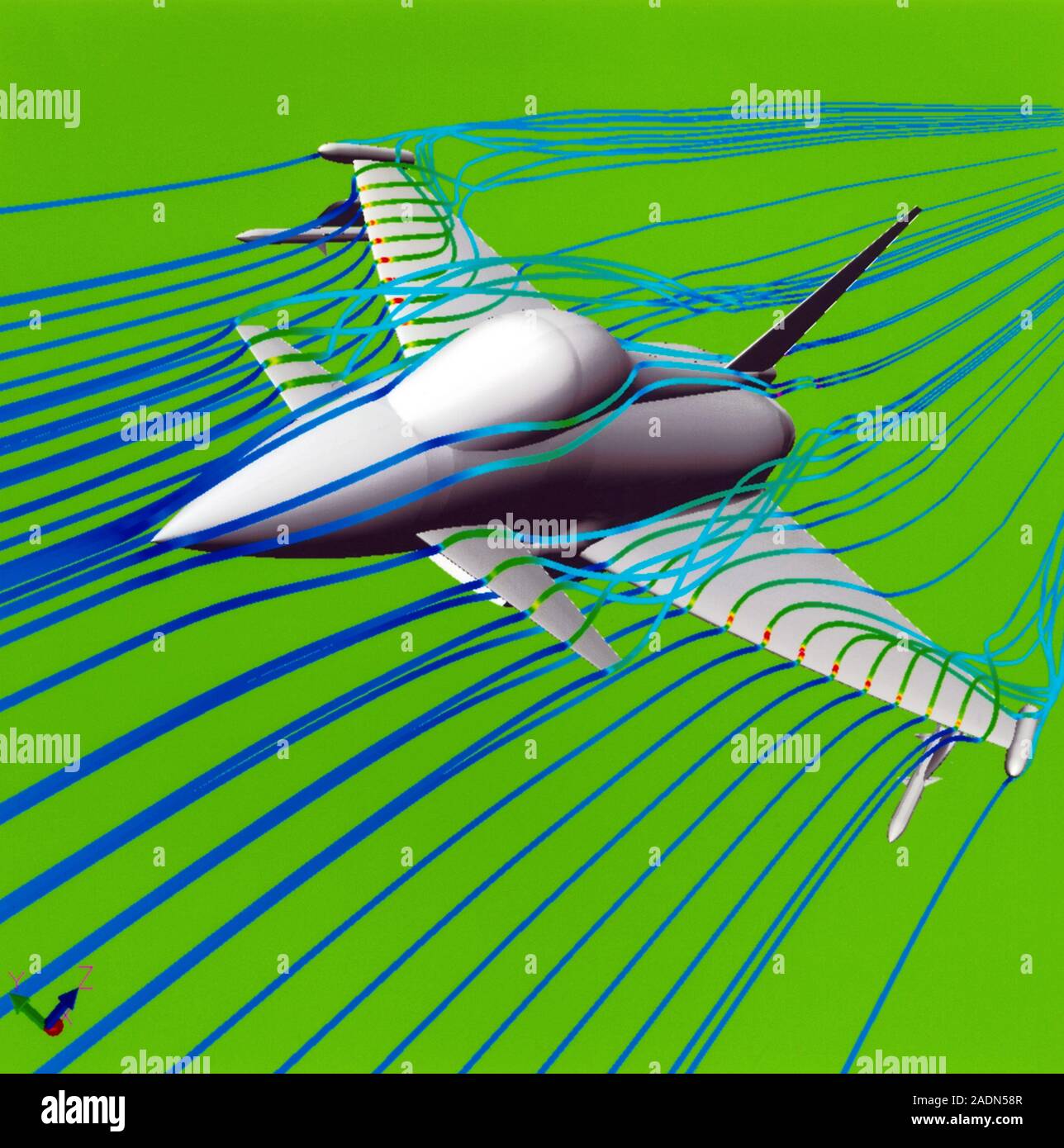 Typhoon fighter plane aerodynamics simulation. The blue lines show the ...