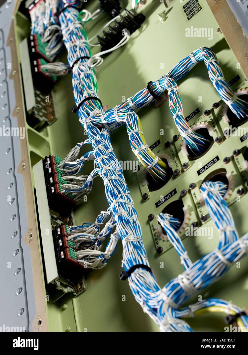 Aircraft wiring. View of the back of the dials and switches on a ...