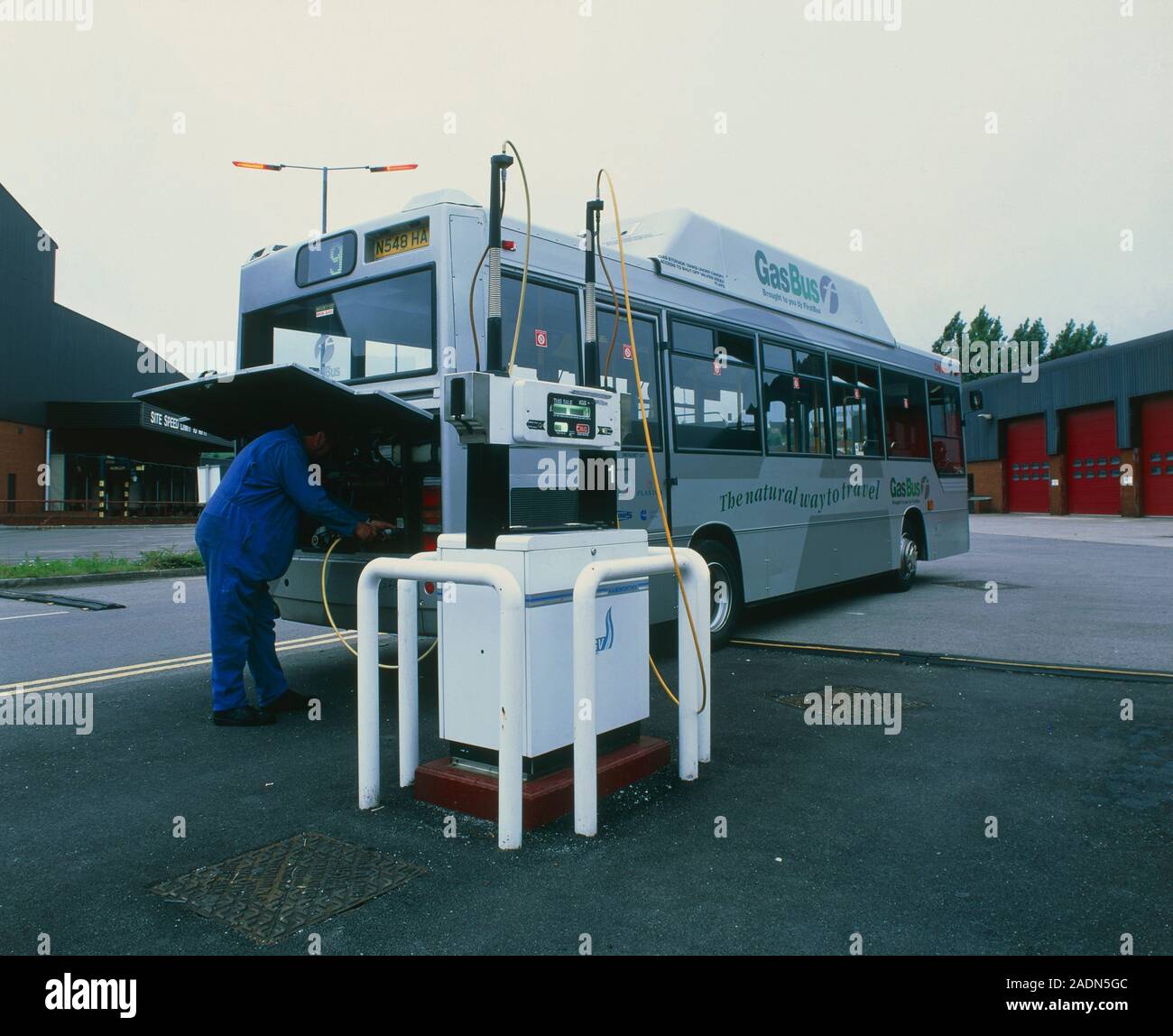 Gas-powered bus. Refuelling of a bus which uses natural gas (methane ...