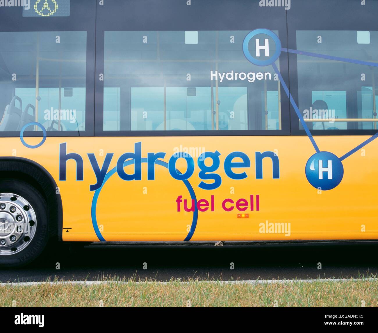 Hydrogen bus. This bus is powered by a fuel cell that runs on hydrogen ...