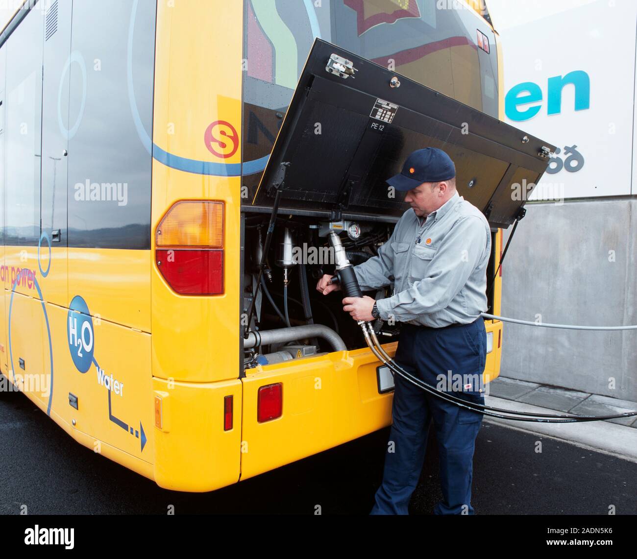Hydrogen bus being refuelled at a hydrogen filling station. This bus is ...