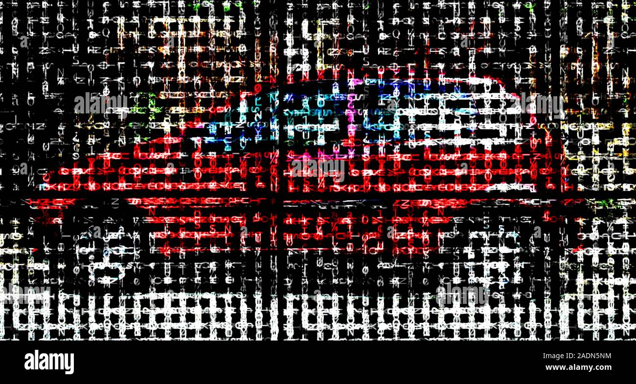 Digital car. Computer artwork of a motor car formed from alphanumeric ...