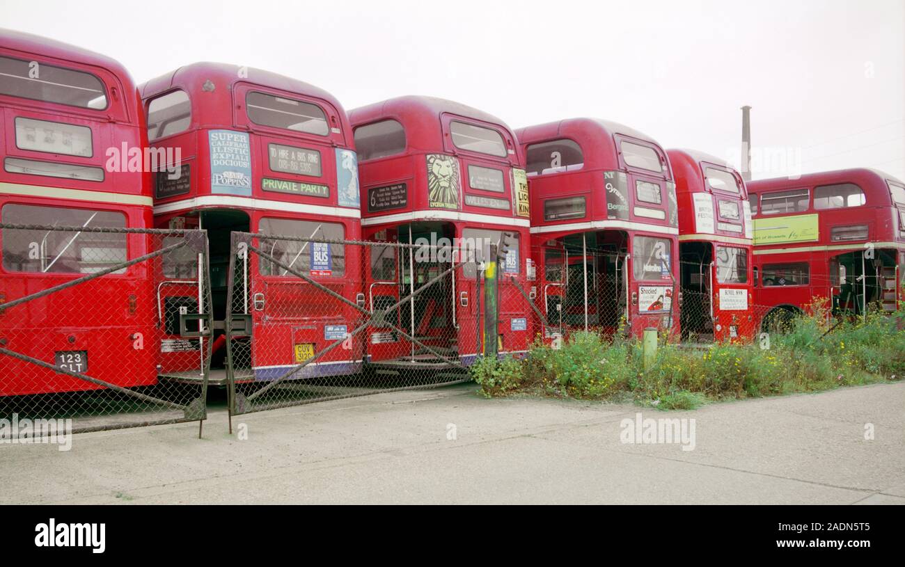 Routemaster buses. Decommissioned buses in a coachworks. The buses are ...