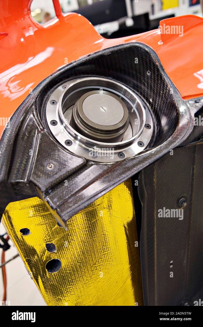 Fuel cap on a Formula One racing car. Below the cap part of the engine ...