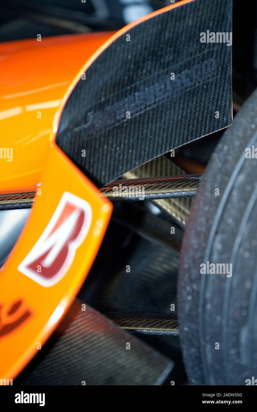 Formula One car bodywork. Aerodynmamic fins on the rear bodywork of a ...