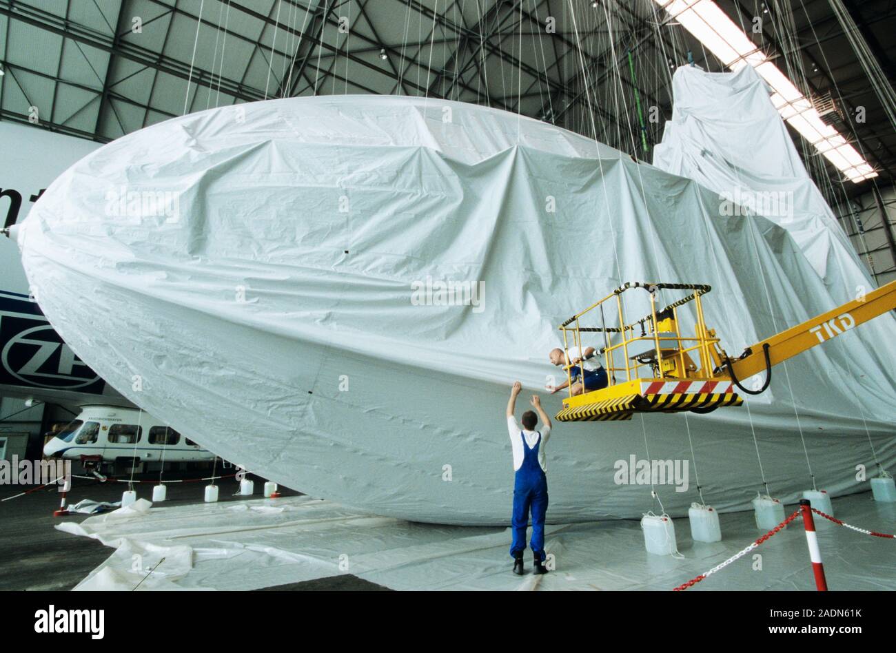 Zeppelin NT, a modern airship, being worked on in its hangar. Built by ...