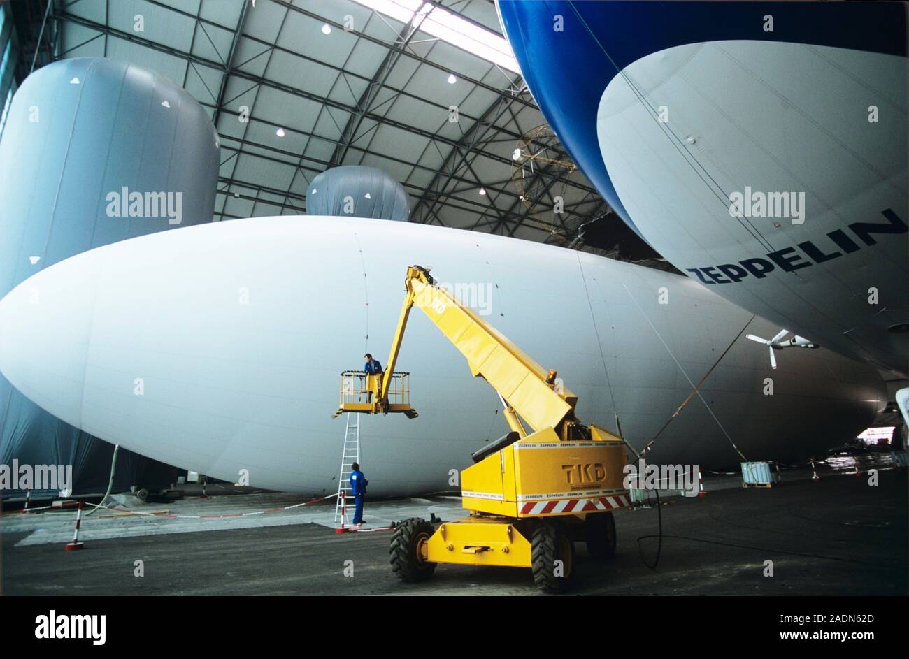 Zeppelin NT, a modern airship, being constructed in its hangar. The ...