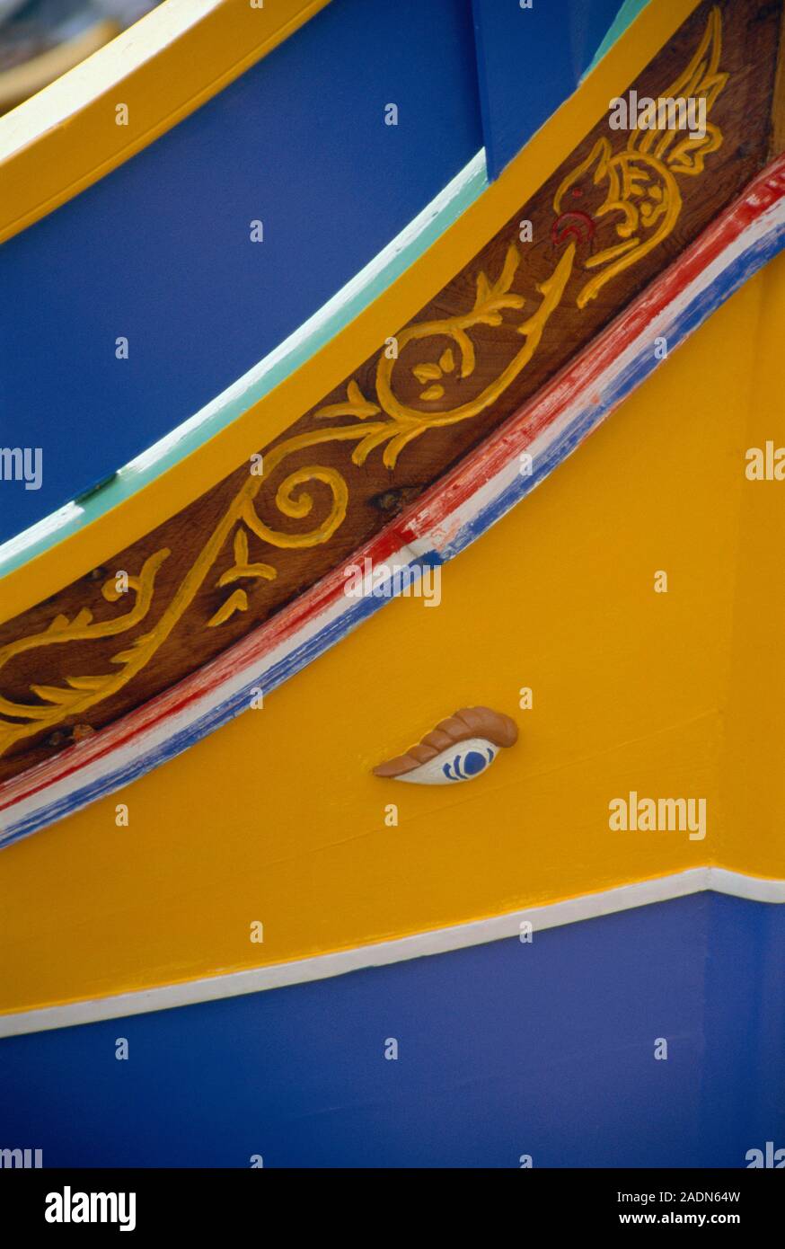 Protective eye on boat. Eye on the hull of a Maltese fishing boat. A ...