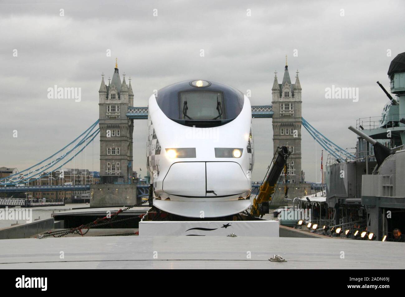 Eurostar train engine on a barge. Photographed on the River Thames ...