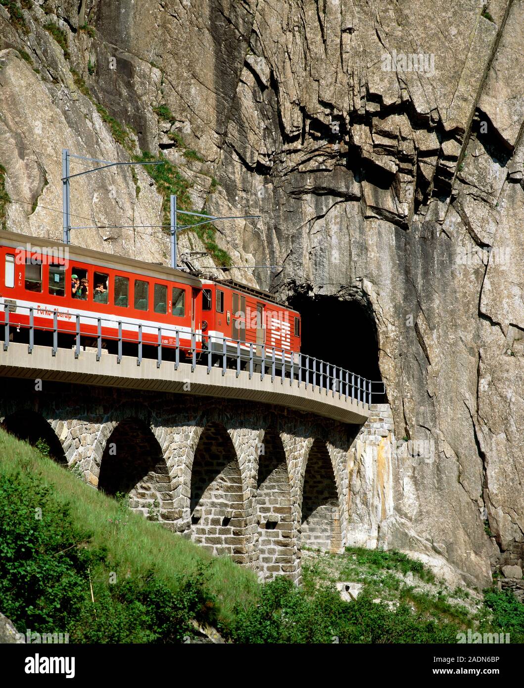 Alpine railway. A cog-assisted train on a metre- gauge railway line in ...