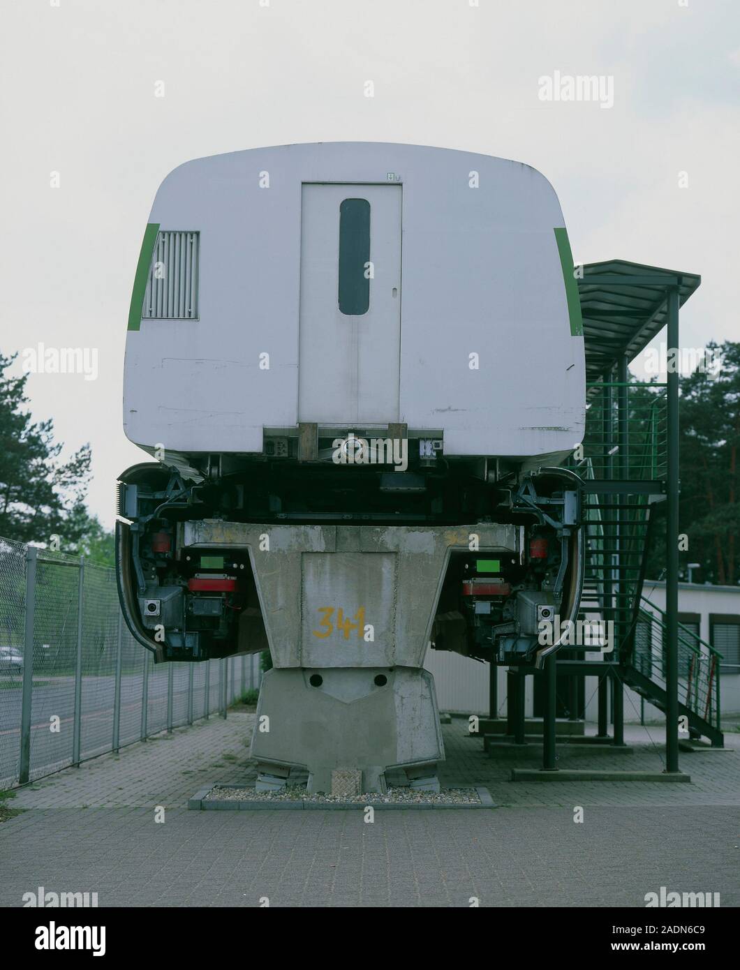 Maglev train and guideway. Close-up of the end of a magnetic levitation ...