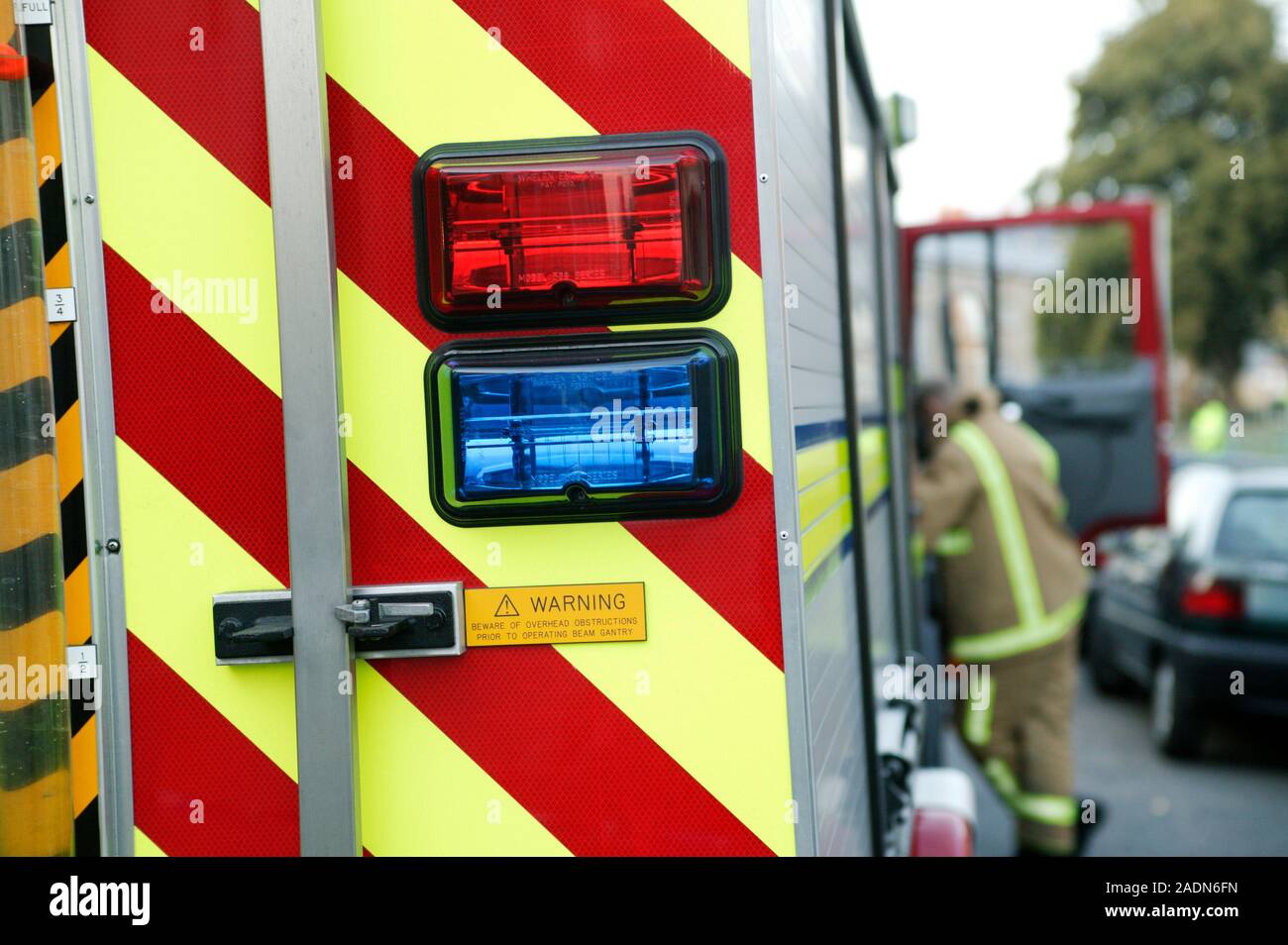 Fire engine. Warning lights and reflective pattern on the back of a ...