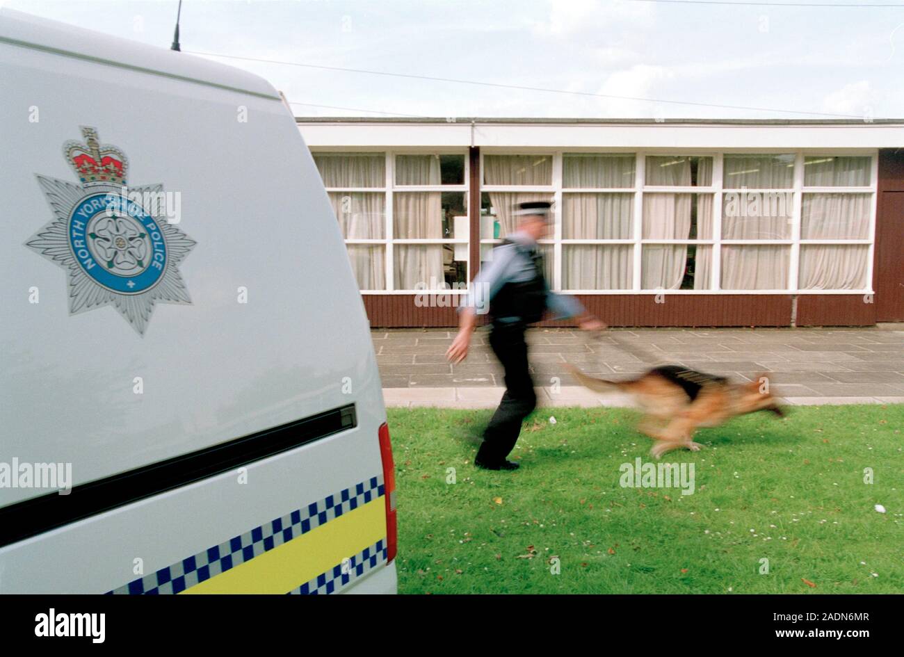 Police dog chase. Police dog and handler, wearing a stab-proof vest ...