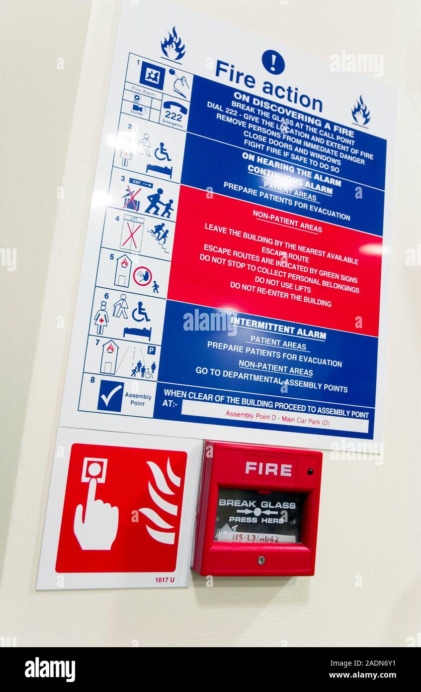 Fire alarm and instruction notice on a wall Stock Photo - Alamy