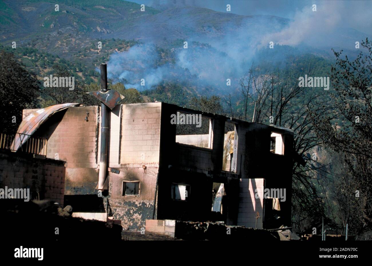 Burned home. House destroyed in a forest fire. Photographed in 2002 at ...