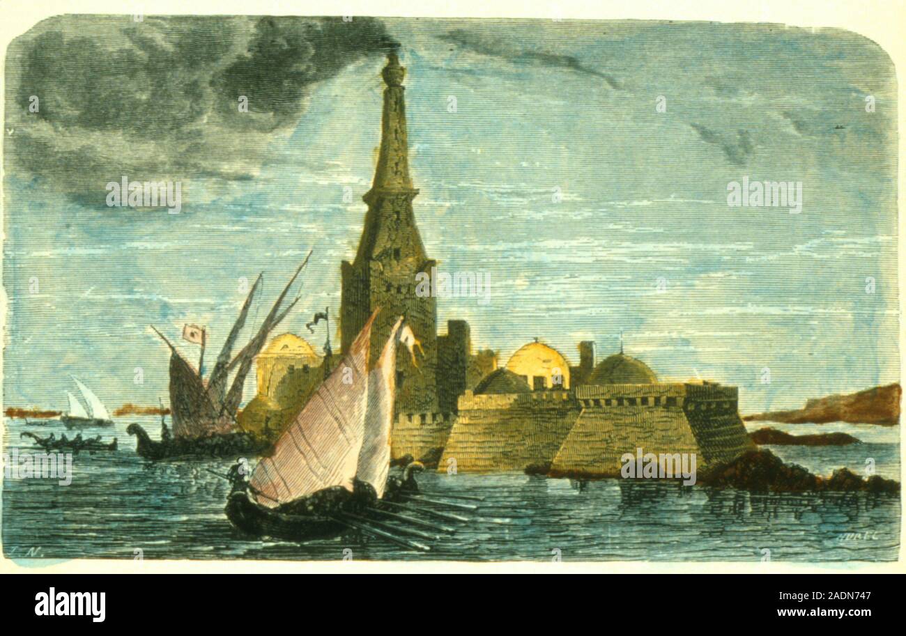 Pharos of Alexandria. Historical artwork of the lighthouse known as the ...