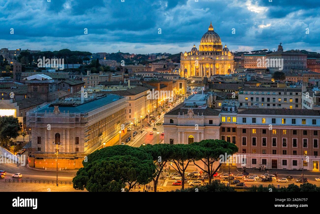 Panoramic night sight in Rome with Saint Peters Basilica, as seen from ...