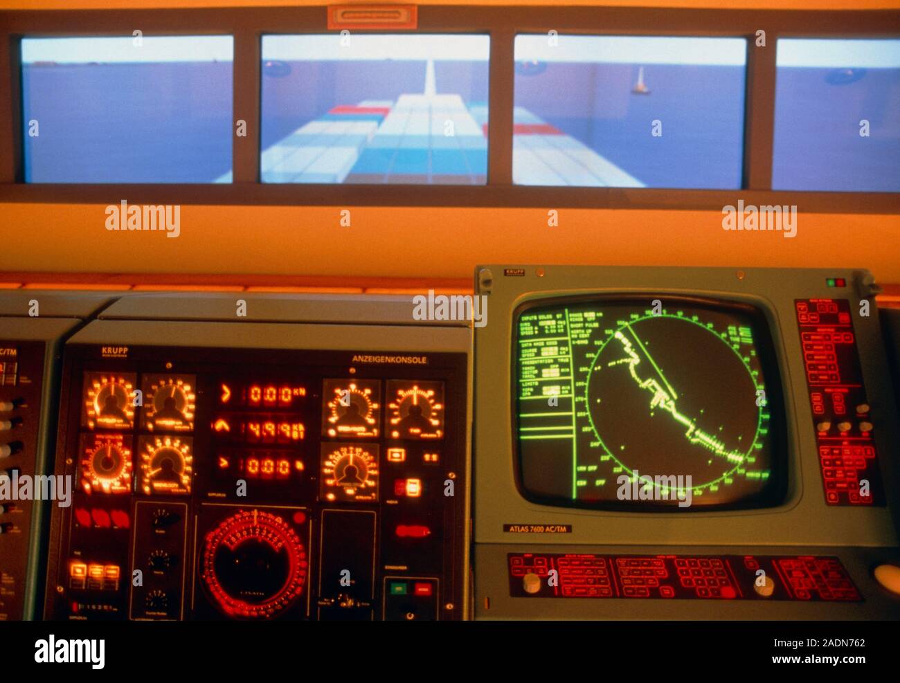 Ship simulator. Display panel, radar screen (lower right) and virtual ...