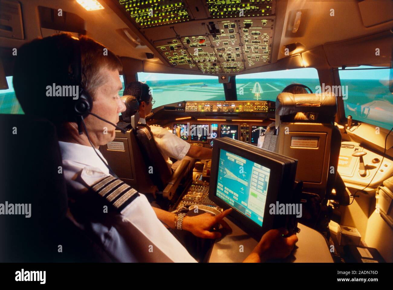 Flight simulator. Training session in a Boeing 777 aircraft simulator ...