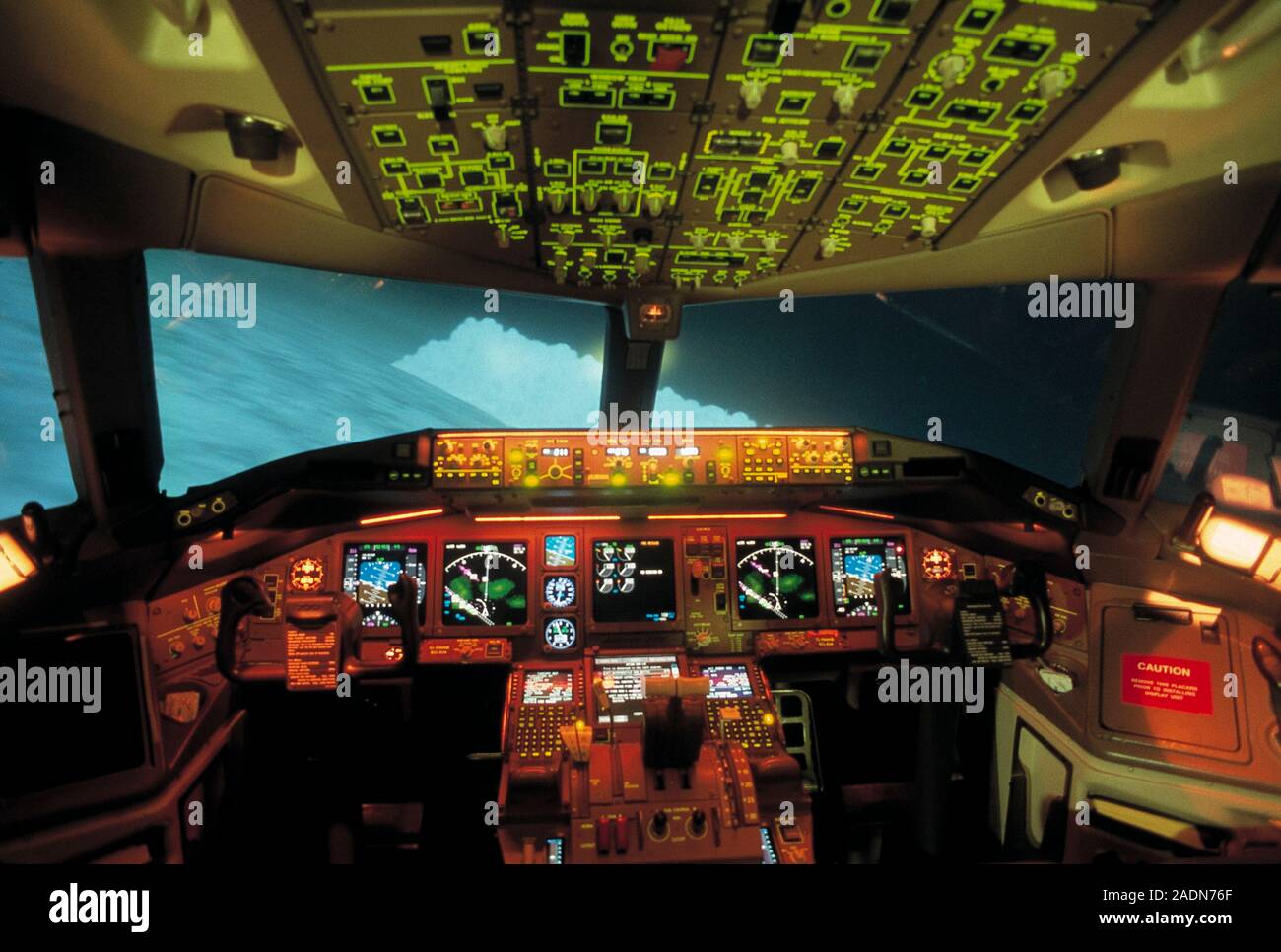 Flight simulator. Inside of a Boeing 777 aircraft simulator. The ...