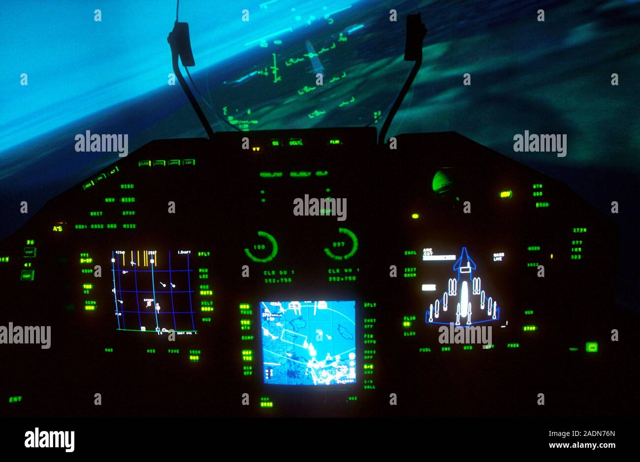Typhoon fighter plane simulator, cockpit view. The head-up display (HUD ...