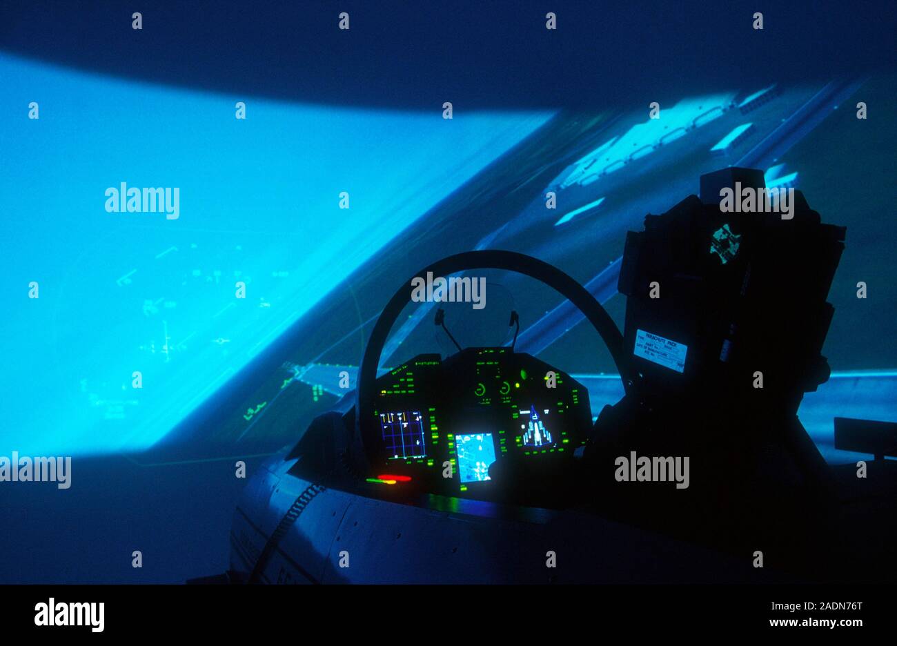 Typhoon fighter plane simulator, cockpit view. The head-up display (HUD ...