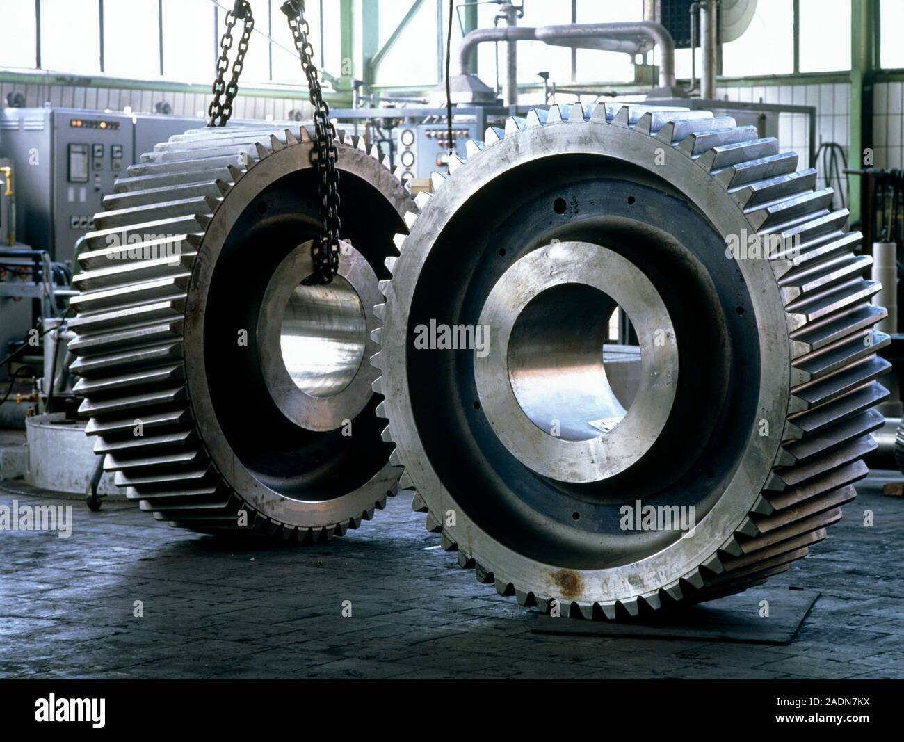 Cogs. Two large, steel cogs or gear wheels after manufacture. The cog ...